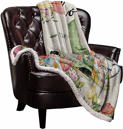 Possta Decor Sherpa Fleece Throw Blankets,Easter Gnome Spring Pink Tulip Floral Mother's Day Soft Warm Fleece Reversible Blanket,Dwarf Flower Plant Cozy Throws for Living Room Sofa,Couch,Bed 40x50In