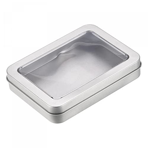 uxcell Metal Tin Box, 6pcs 4.53" x 3.35" x 0.87" Rectangular Empty Tinplate Storage Containers with Clear Lids, Silver Tone