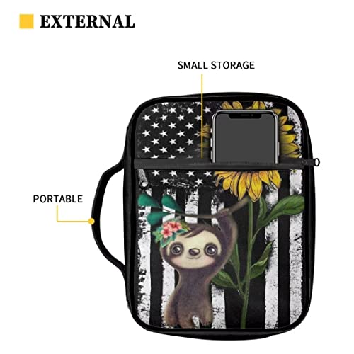 Poetesant American Flag Sunflower Sloth Book Case Women Yellow Flowers Bible Cover Cute Sloth Bible Case for Kids Study Book Stars Stripes Book Carrying Cover with Handle