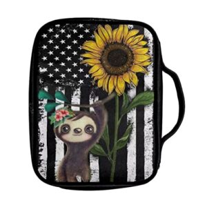 Poetesant American Flag Sunflower Sloth Book Case Women Yellow Flowers Bible Cover Cute Sloth Bible Case for Kids Study Book Stars Stripes Book Carrying Cover with Handle