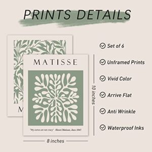 ARPEOTCY Matisse Wall Art Prints, Sage Green Retro Art Posters, Abstract Master Prints for Bedroom Wall Decor Aesthetic, Set of 6, 8x10in , Unframed