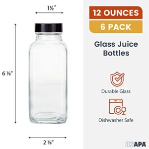 Ilyapa Glass Juice Bottles for Juicing, 12oz Glass Drinking Bottles with Lids, 12 oz Glass Bottles with Caps, 12 Ounce Glass Bottle with Lid for Juice, Milk, Coffee, Tea, Kombucha, Water - Pack of 6