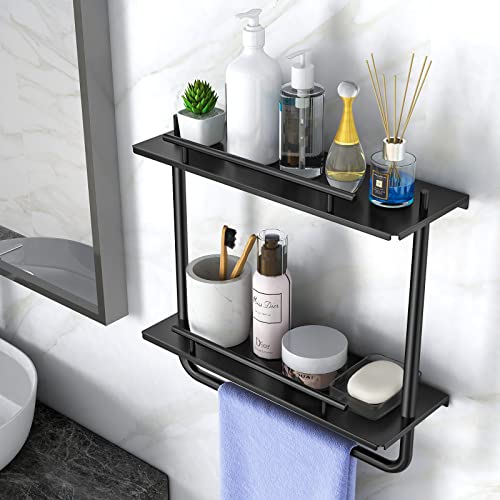 FEILERN Metal Floating Shelves Wall Mounted with Frame and Towel Rack for Bathroom, Living Room, Bedroom, Kitchen (2 Tier, Black)