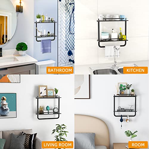 FEILERN Metal Floating Shelves Wall Mounted with Frame and Towel Rack for Bathroom, Living Room, Bedroom, Kitchen (2 Tier, Black)