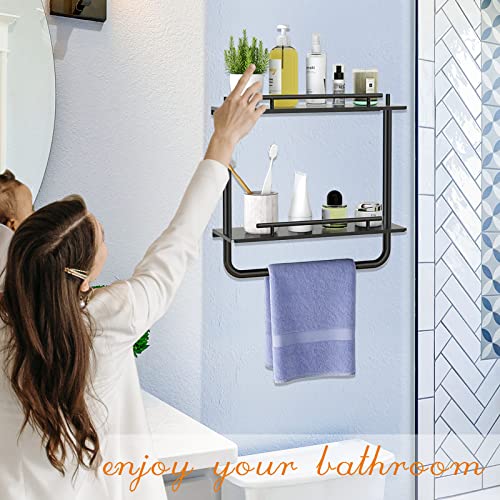 FEILERN Metal Floating Shelves Wall Mounted with Frame and Towel Rack for Bathroom, Living Room, Bedroom, Kitchen (2 Tier, Black)