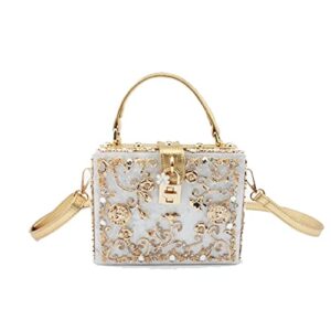 tngan women evening clutch acrylic square box bag with rhinestones shoulder bag crossbody bag handbag, white