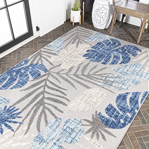 JONATHAN Y AMC113A-3 Monstera Tropical Leaf High-Low Indoor Outdoor Area-Rug, Coastal Floral Transitional Easy-Cleaning,Bedroom,Kitchen,Backyard,Patio,Non Shedding, 3 X 5, Light Gray/Navy