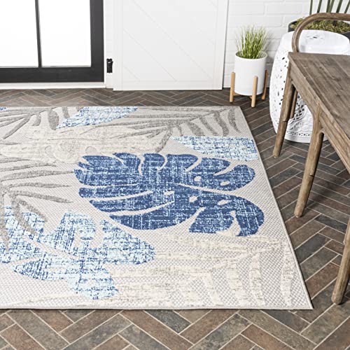 JONATHAN Y AMC113A-3 Monstera Tropical Leaf High-Low Indoor Outdoor Area-Rug, Coastal Floral Transitional Easy-Cleaning,Bedroom,Kitchen,Backyard,Patio,Non Shedding, 3 X 5, Light Gray/Navy