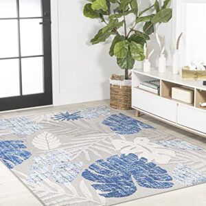 JONATHAN Y AMC113A-3 Monstera Tropical Leaf High-Low Indoor Outdoor Area-Rug, Coastal Floral Transitional Easy-Cleaning,Bedroom,Kitchen,Backyard,Patio,Non Shedding, 3 X 5, Light Gray/Navy