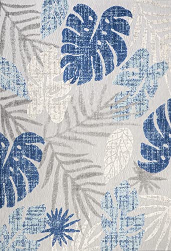 JONATHAN Y AMC113A-3 Monstera Tropical Leaf High-Low Indoor Outdoor Area-Rug, Coastal Floral Transitional Easy-Cleaning,Bedroom,Kitchen,Backyard,Patio,Non Shedding, 3 X 5, Light Gray/Navy