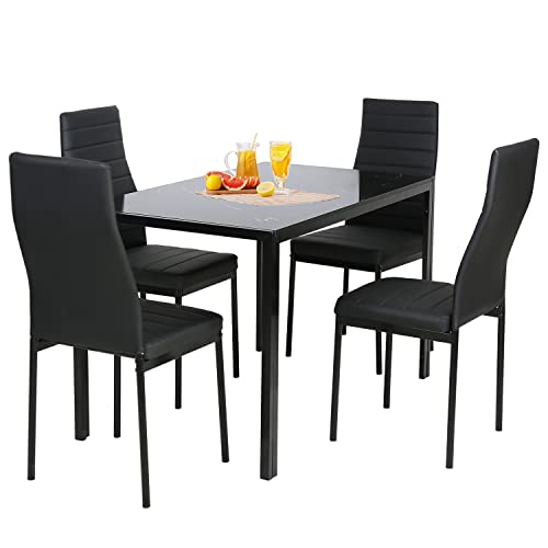 FDW 5 Piece Table and Chairs Dining Table Set Kitchen Table for Small Spaces Dinning Room Marble Grain (Black)