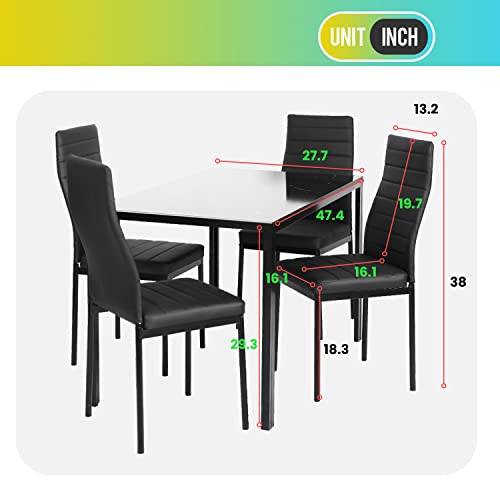 FDW 5 Piece Table and Chairs Dining Table Set Kitchen Table for Small Spaces Dinning Room Marble Grain (Black)