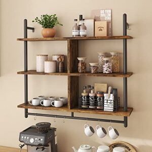 bestier 41.5″ floating pipe shelving 3 tier industrial wall-mounted ladder shelf hanging with circular tube, wood display bookshelf storage for living room kitchen balcony, rustic brown