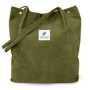 women corduroy tote bag, shoulder purses for office school shopping travel (army green)