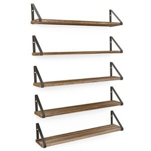 wallniture ponza 24″ floating bookshelf, wood floating shelves for wall storage, rustic wall shelves for bedroom, living room, bathroom, kitchen set of 5