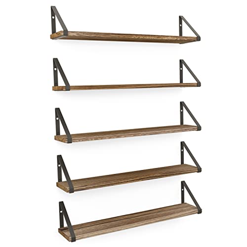 Wallniture Ponza 24" Floating Bookshelf, Wood Floating Shelves for Wall Storage, Rustic Wall Shelves for Bedroom, Living Room, Bathroom, Kitchen Set of 5