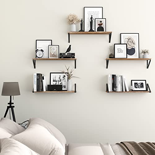 Wallniture Ponza 24" Floating Bookshelf, Wood Floating Shelves for Wall Storage, Rustic Wall Shelves for Bedroom, Living Room, Bathroom, Kitchen Set of 5