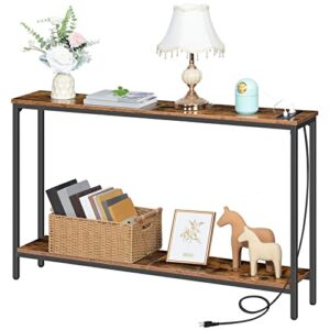 HOOBRO Console Table with Charging Station, 47.2” Narrow Entryway Table with Power Outlets and USB Ports, Skinny Sofa Table, Behind Couch Table, for Entryway, Hallway, Foyer, Rustic Brown BF201XG01