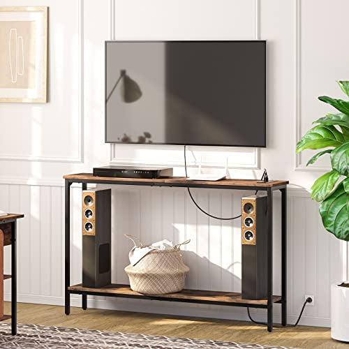 HOOBRO Console Table with Charging Station, 47.2” Narrow Entryway Table with Power Outlets and USB Ports, Skinny Sofa Table, Behind Couch Table, for Entryway, Hallway, Foyer, Rustic Brown BF201XG01