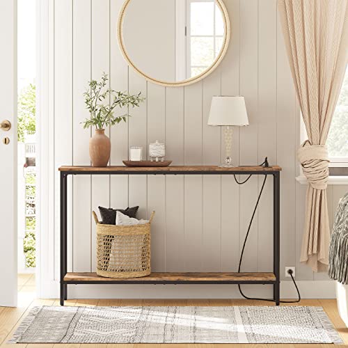 HOOBRO Console Table with Charging Station, 47.2” Narrow Entryway Table with Power Outlets and USB Ports, Skinny Sofa Table, Behind Couch Table, for Entryway, Hallway, Foyer, Rustic Brown BF201XG01