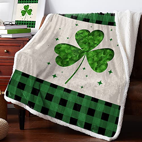 Sherpa Fleece Throw Blanket Irish Saint Patricks Green Shamrock,Super Soft Luxury Reversible Blankets Warm Cozy Throws for Sofa Couch Bed Holiday Light Clover Black Plaid Vintage Cotton Linen 50x80in