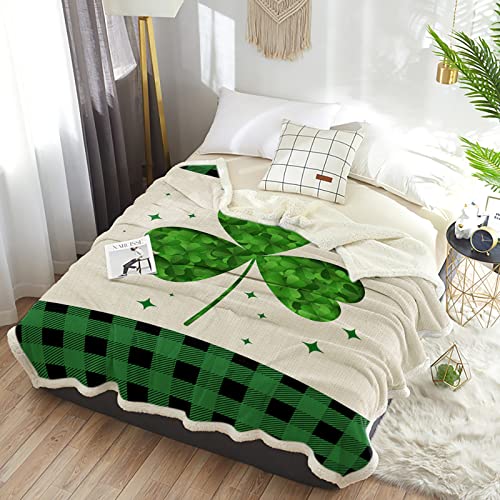 Sherpa Fleece Throw Blanket Irish Saint Patricks Green Shamrock,Super Soft Luxury Reversible Blankets Warm Cozy Throws for Sofa Couch Bed Holiday Light Clover Black Plaid Vintage Cotton Linen 50x80in