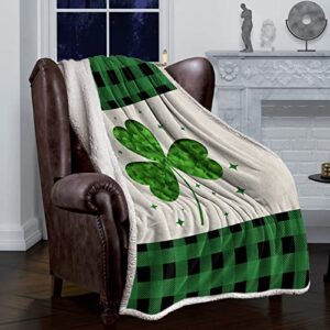 Sherpa Fleece Throw Blanket Irish Saint Patricks Green Shamrock,Super Soft Luxury Reversible Blankets Warm Cozy Throws for Sofa Couch Bed Holiday Light Clover Black Plaid Vintage Cotton Linen 50x80in