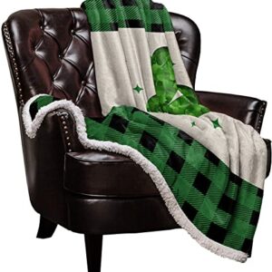 Sherpa Fleece Throw Blanket Irish Saint Patricks Green Shamrock,Super Soft Luxury Reversible Blankets Warm Cozy Throws for Sofa Couch Bed Holiday Light Clover Black Plaid Vintage Cotton Linen 50x80in