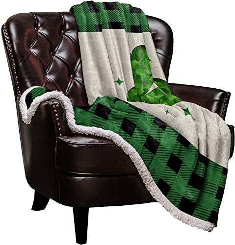 Sherpa Fleece Throw Blanket Irish Saint Patricks Green Shamrock,Super Soft Luxury Reversible Blankets Warm Cozy Throws for Sofa Couch Bed Holiday Light Clover Black Plaid Vintage Cotton Linen 50x80in