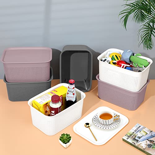 AREYZIN Plastic Storage Bins With Lid Set of 6 Storage Baskets for Organizing Container Lidded Storage Organizer Bins for Shelves Drawers Desktop Closet Playroom Classroom Office, White