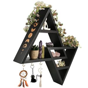 anroye moon phases triangle shelf with hooks, wiccan black wood crystal shelves for storage jewelry gem stone, pagan pyramid geometrical decor holder display for altar meditation aesthetic yoga room