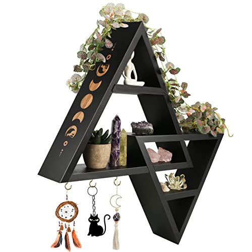 ANROYE Moon Phases Triangle Shelf with Hooks, Wiccan Black Wood Crystal Shelves for Storage Jewelry Gem Stone, Pagan Pyramid Geometrical Decor Holder Display for Altar Meditation Aesthetic Yoga Room