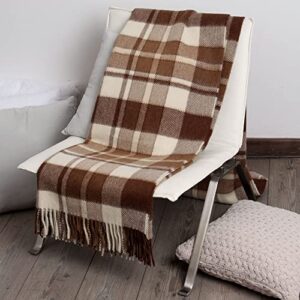 Scottish Dusk - Alpaca Throw Blanket Handwoven Soft Warm Camel/Ivory/Brown Plaid Design 76" x 68"