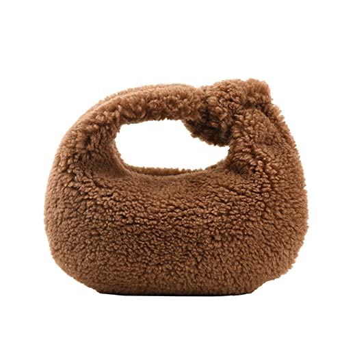 Women Plush Dumpling Bags,Faux Fur Top-Handle Bag with Pure Color+Zipper,Autumn and Winter Evening Bags (Color : Brown, Size : 25x15x8cm)