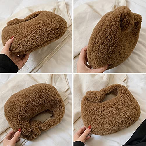 Women Plush Dumpling Bags,Faux Fur Top-Handle Bag with Pure Color+Zipper,Autumn and Winter Evening Bags (Color : Brown, Size : 25x15x8cm)