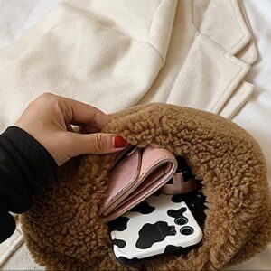 Women Plush Dumpling Bags,Faux Fur Top-Handle Bag with Pure Color+Zipper,Autumn and Winter Evening Bags (Color : Brown, Size : 25x15x8cm)