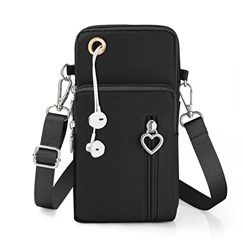 Crossbody Wallet Phone Bag for Women Nylon Small Crossbody Shoulder /Arm Bag Cell Phone Purse with Headphone Port (Black)