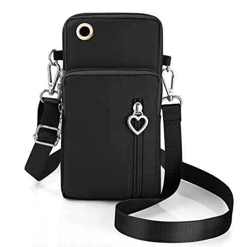 Crossbody Wallet Phone Bag for Women Nylon Small Crossbody Shoulder /Arm Bag Cell Phone Purse with Headphone Port (Black)