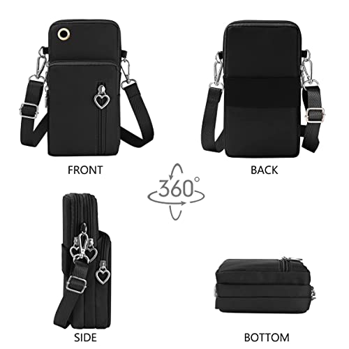 Crossbody Wallet Phone Bag for Women Nylon Small Crossbody Shoulder /Arm Bag Cell Phone Purse with Headphone Port (Black)