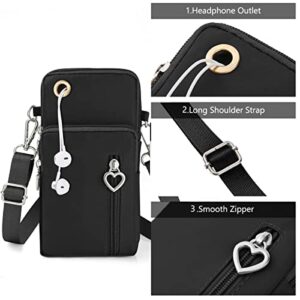 Crossbody Wallet Phone Bag for Women Nylon Small Crossbody Shoulder /Arm Bag Cell Phone Purse with Headphone Port (Black)