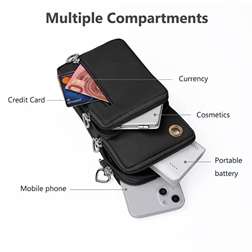 Crossbody Wallet Phone Bag for Women Nylon Small Crossbody Shoulder /Arm Bag Cell Phone Purse with Headphone Port (Black)