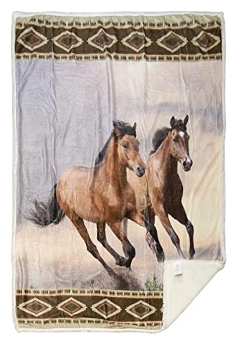 Carstens Wild Horses Western Plush Sherpa Throw Blanket 54'' x 68'', Brown