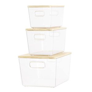 navaris transparent plastic storage boxes with lids – set of 3 clear stackable household organizing containers bins with bamboo lids – s, m, l