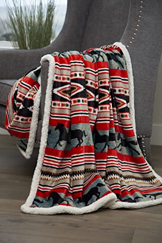 Carstens Wrangler Black Stallion Southwestern Plush Sherpa Throw Blanket 54'' x 68'', Red