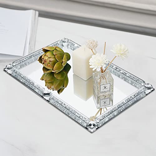 Mirror Crystal Perfume Tray,Crushed Diamond Filled Crystal Glass Tray,Cosmetic Makeup Vanity Tray,Jewelry Trinket Tray,Serving Tray for Home Decorative,Party,Hotel Banquet