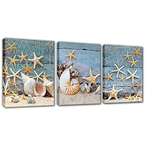 Starfish picture Bathroom wall decor Seashell Canvas Wall Art Artwork for Bedroom Office Living Room Decor 3 Pieces Beach Coastal Conch Nautical Print Woodern Framed Painting Ready to Hang 12x16 inch