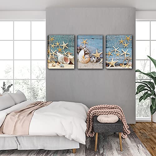 Starfish picture Bathroom wall decor Seashell Canvas Wall Art Artwork for Bedroom Office Living Room Decor 3 Pieces Beach Coastal Conch Nautical Print Woodern Framed Painting Ready to Hang 12x16 inch