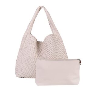 women vegan leather hand-woven tote handbag fashion shoulder top-handle bag all-match underarm bag with purse (creamy white)