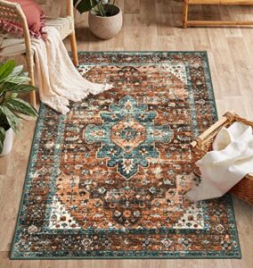 moynesa ultra-thin washable vintage area rug – 3×5 persian non-slip entryway rug oriental medallion living room rug entrance mat carpet for kitchen laundry bathroom bedroom, brick red/dull teal