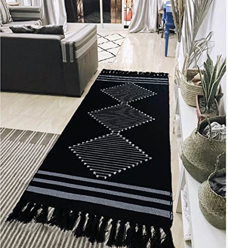 Boho Kitchen Rug Runner 2.3'x5.3' Bathroom Rugs with Tassels,Black Moroccan Farmhouse Cotton Bath Mat Woven Chic Cute Throw Sink Rug Washable for Hallway Bedroom Living Room Indoor Outdoor Decor